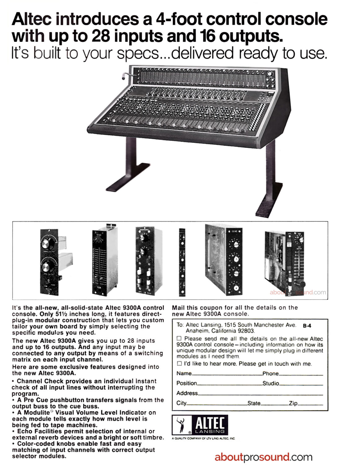 1970 Altec 9300 Control Console Ad - About ProSound - Interesting stuff ...