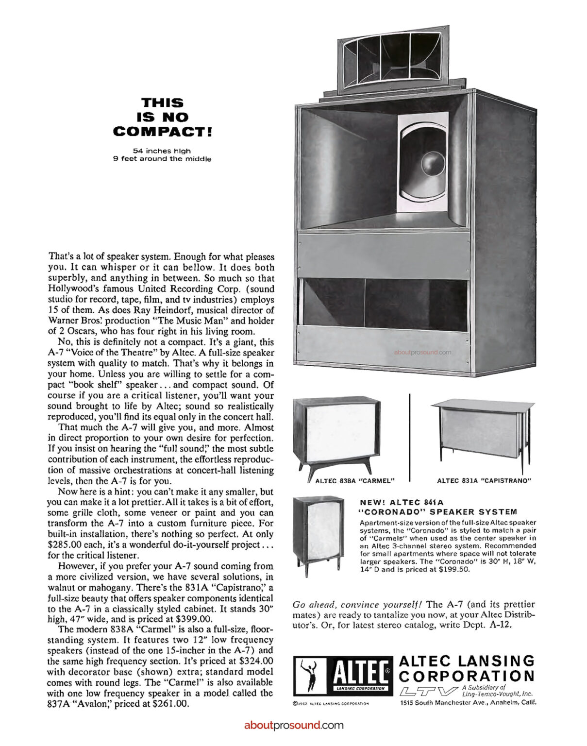 1962 ALTEC A7 HiFi Loudspeaker AD - About ProSound - Interesting stuff ...